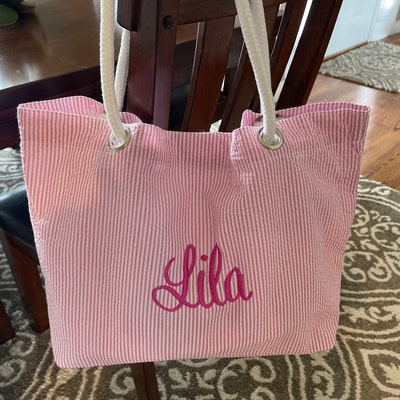 Hot Pink Beach Bag Personalized, Navy Seersucker Beach Tote ...