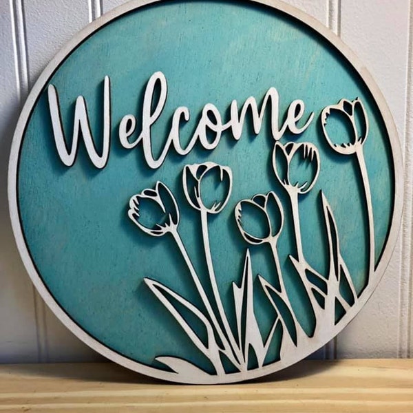 Welcome Spring Round Sign SVG, Spring Floral Door Round SVG, Tulip Svg ...