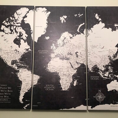 Grey Push Pin World Travel Map Canvas Art, Custom Push Pin Map, 3 Panel ...