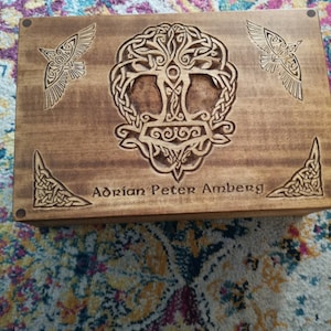 Viking Personalized Wood Urn With Yggdrasil, Wooden Memorial Box Carved ...