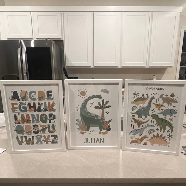 Set of 3 Personalised Dinosaur Posters, Alphabet Print, Dinosaur Chart ...