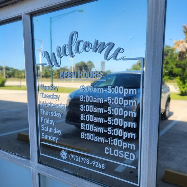 Shop Hours Decal - Attractive Storefront Hours Decal - Glass Door Sign ...