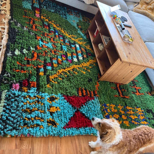 Fine Moroccan Green Rug, Colorful Boujaad Rug, Handmade Rug, All Wool ...