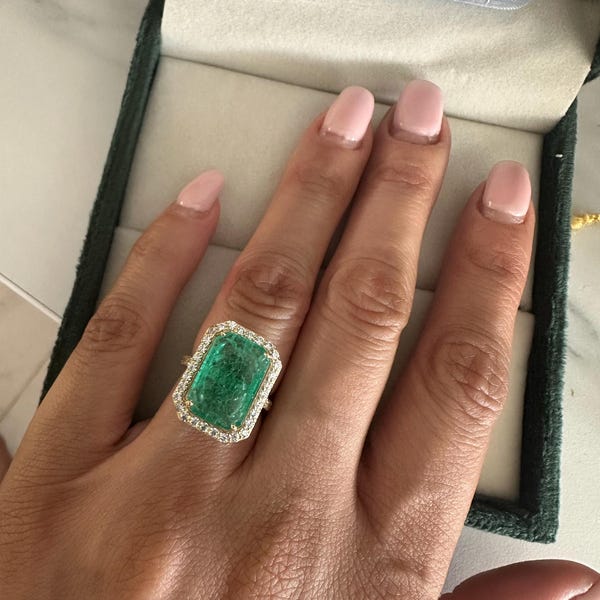 4.50 Carat Real Emerald Cut Emerald and Diamond Engagement Ring - 14k Gold May Birthstone Gift ...