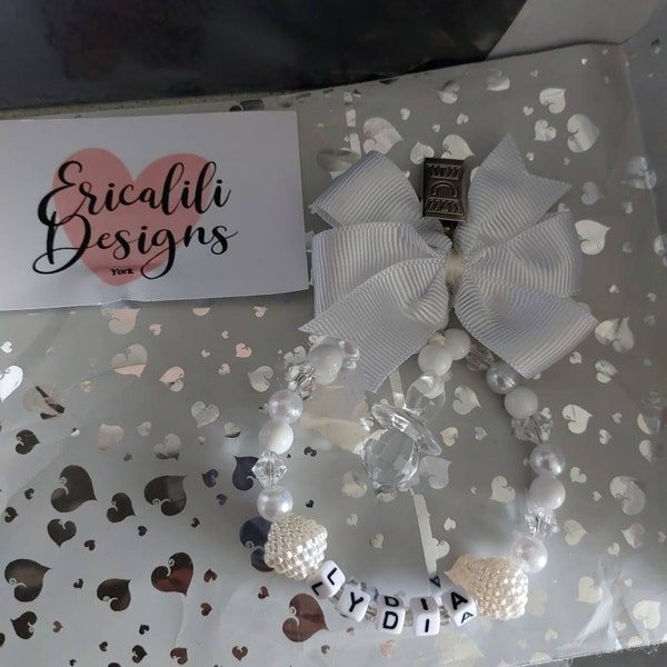 Personalised Baby Pram Charm Clip Dummy Teddy Pink White Girl New Baby ...