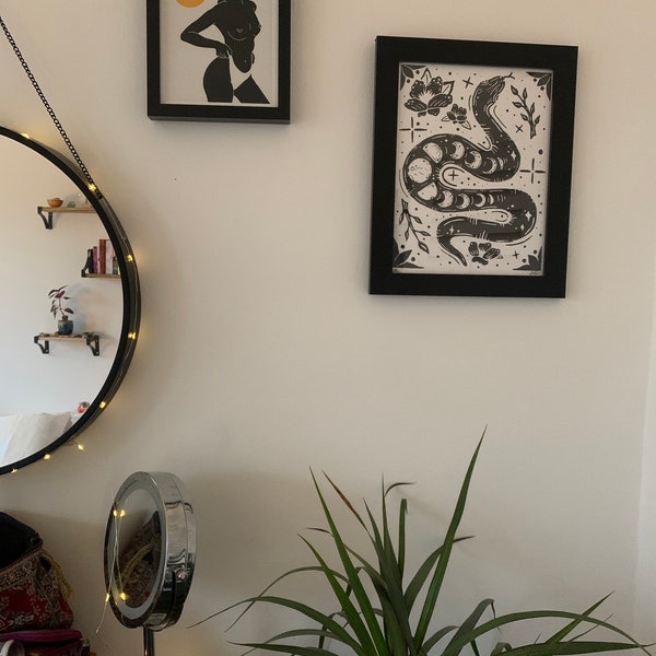Lunar Phase Snake Print Black and White // Snake Screenprint // Gothic ...