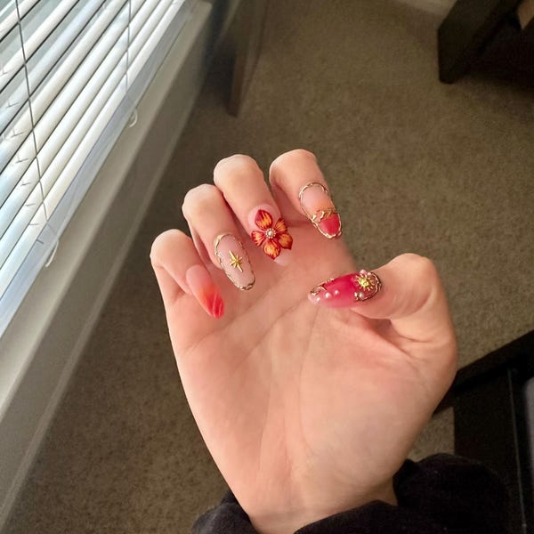 Red & Gold Renaissance Long Stiletto Press on Nails, Unique Design ...