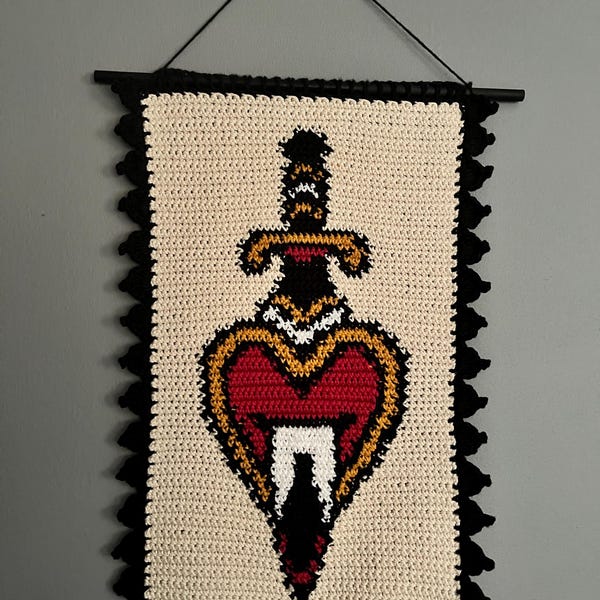 Dagger Heart Traditional Tattoo Crochet Wall Hanging Tapestry Pattern ...