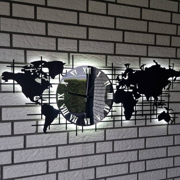 World Map Metal LED Wall Clock, Extra Large Wall Clock With Plexiglass ...