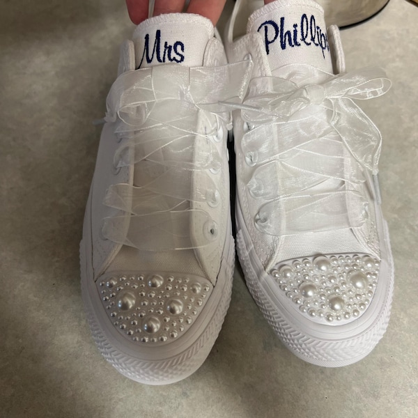 Pearl Toe Wedding Sneaker, Ribbon Laces, Bling, Bride Shoes, Wedding ...