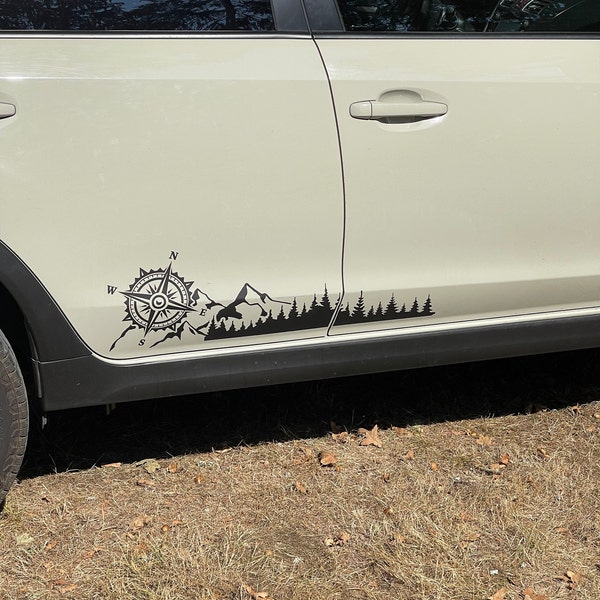 Treeline and Mountain With Compass SUV Vinyl Decal Sticker, Mountain ...