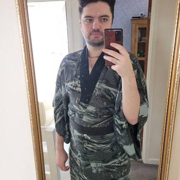 Vintage Japanese Kimono Peacock Color Abstract Pattern Kimono Robe ...