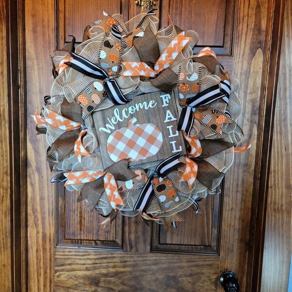 Welcome Fall Orange White Brown Check Sign, Welcome Fall Pumpkin Sign ...