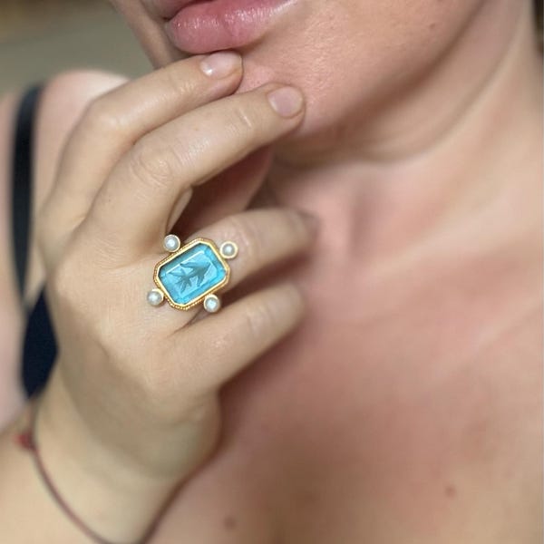 Intaglio Ring, Blue Crystal Ring, Vintage Antique Jewelry, Dainty Gold ...