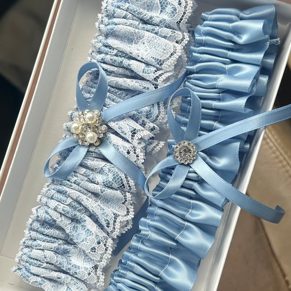 Wedding Garter, French Blue Bridal Garter Set, Dusty Blue Garter ...