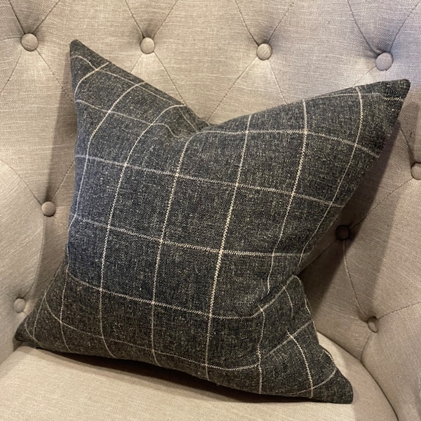 Cozy Charcoal Gray Woven Plaid Pillow Cover, 18 20 22 24 Dark Gray Tan ...