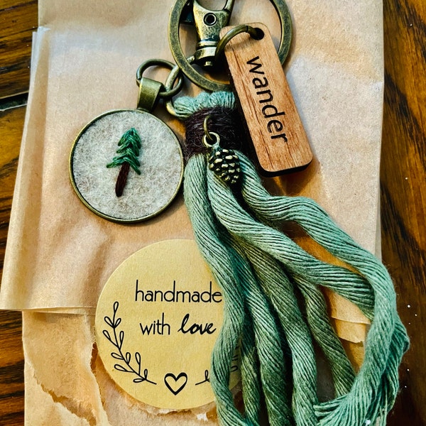 Wander Keychain, Explore Hike Tassel, Tiny Hand Embroidery Pine Tree ...