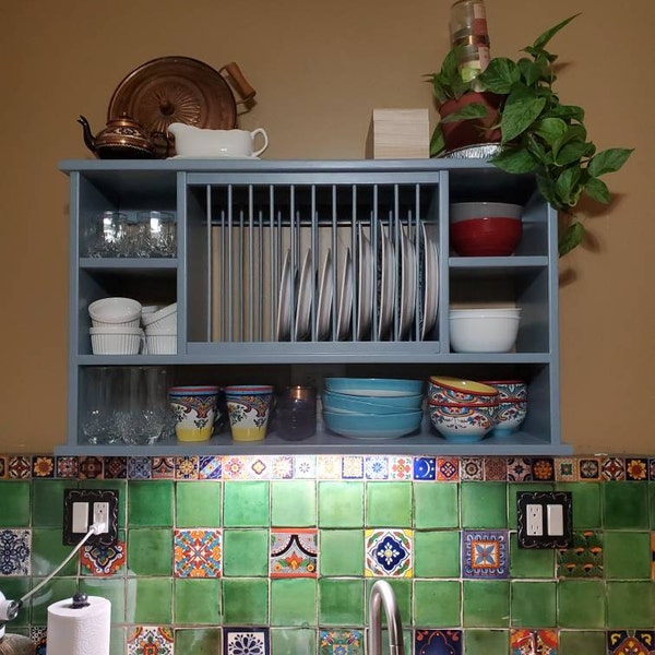 NEW Deluxe Split Shelf Cabinet Wall Counter Wood Plate Dish Rack Mugs ...