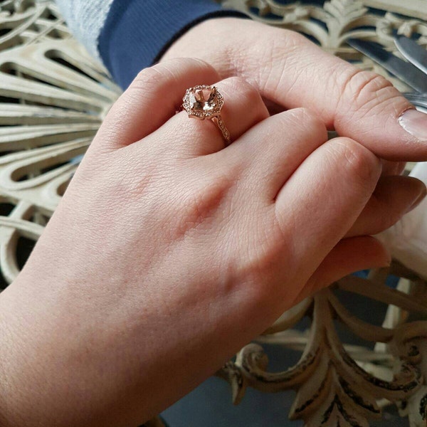 14k Rose Gold Vintage Floral Morganite Engagement Ring Scalloped Diamond Wedding Band 8x8mm ...