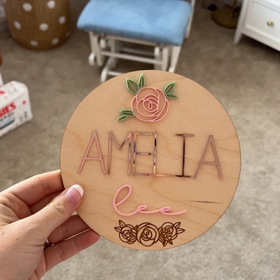Rose Baby Girl Name Sign Floral Wood Name Sign 3D Name Announcement ...