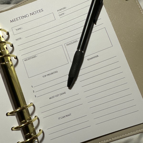 A5 Meeting Notes Inserts PRINTED | Work Meeting Notes Printed Planner ...