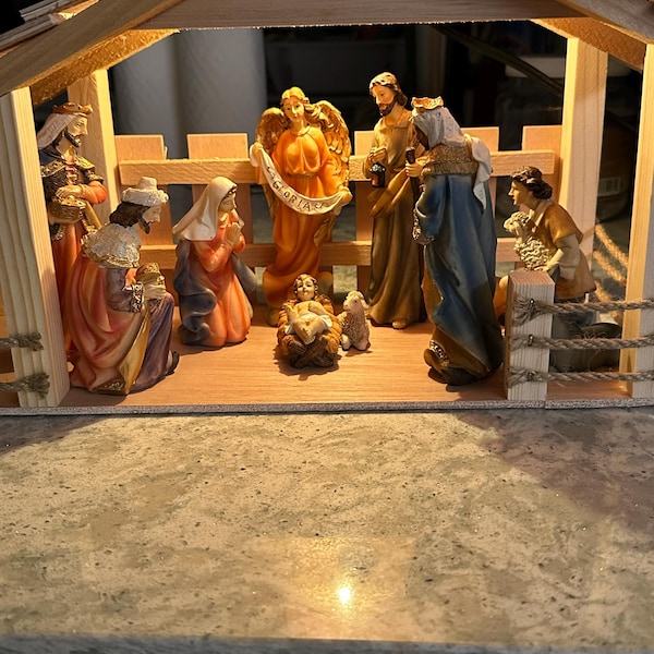 Handmade Wooden Christmas Nativity, Manger, Stable With Light. Rope ...