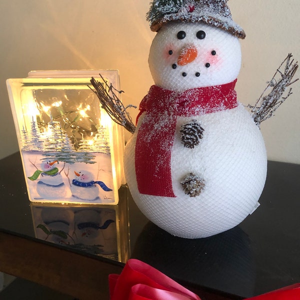 Glass Block-winter Trees With Snowmen - Etsy