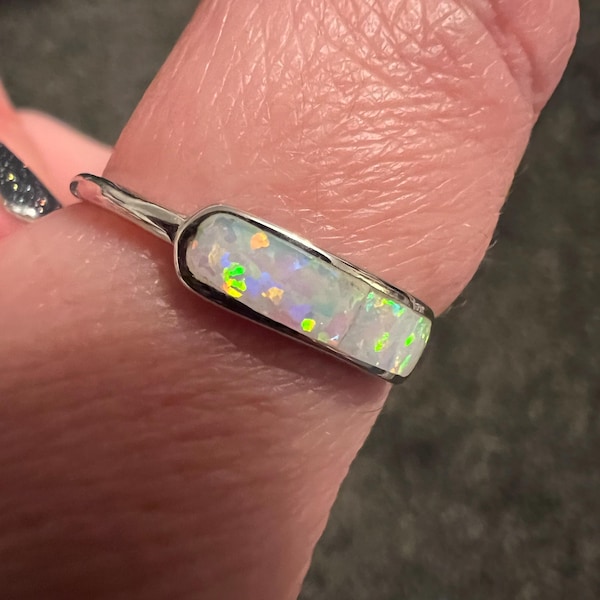 Sterling Silver Stacking Opal Ring for Women. Dainty 4mm Bar With White ...