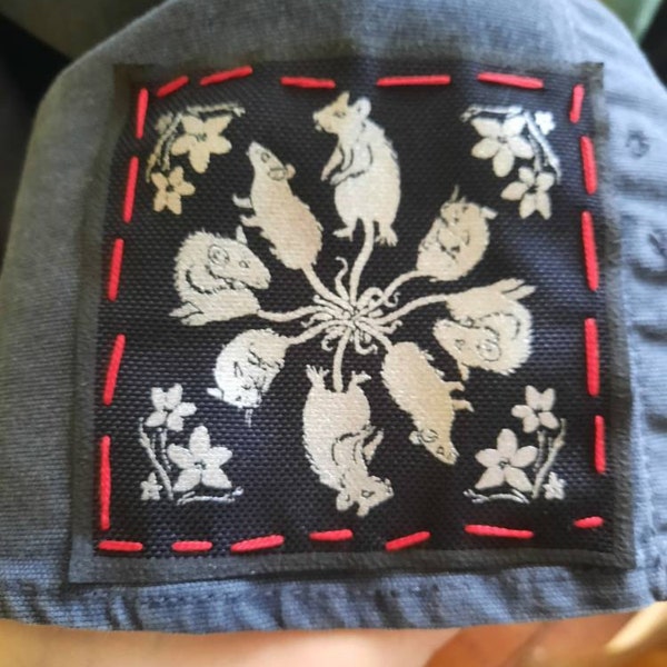 Rat King- Silver Screen Print Fabric Patch 8x8cm- Goth, Rat Lover Gift ...