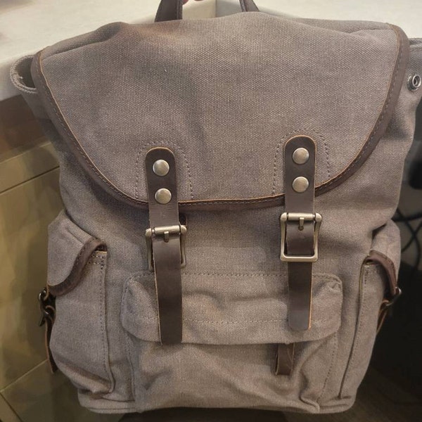 Large Canvas Backpack With Canvas Flap and Leather Trim, Multiple ...