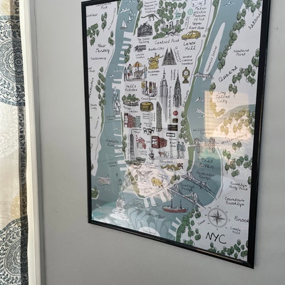 New York Manhattan Map Landmarks Poster Print New York Print Map of NYC ...