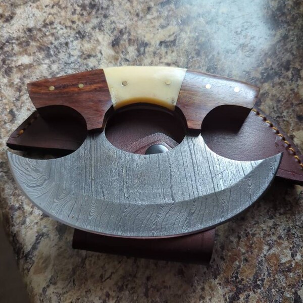 Custom Handmade Damascus Steel Alaskan Ulu Knife With Sheath, 6" Pizza ...