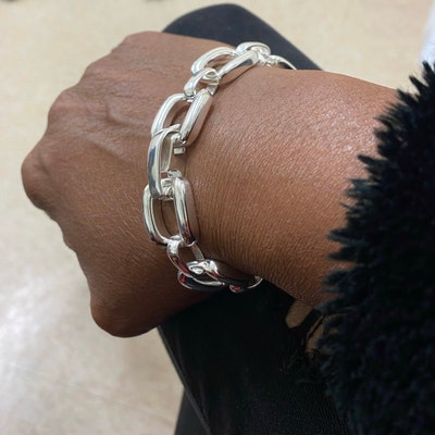 Chunky 925 Sterling Silver Chain Link Bracelet, Geometric Thick Chain ...