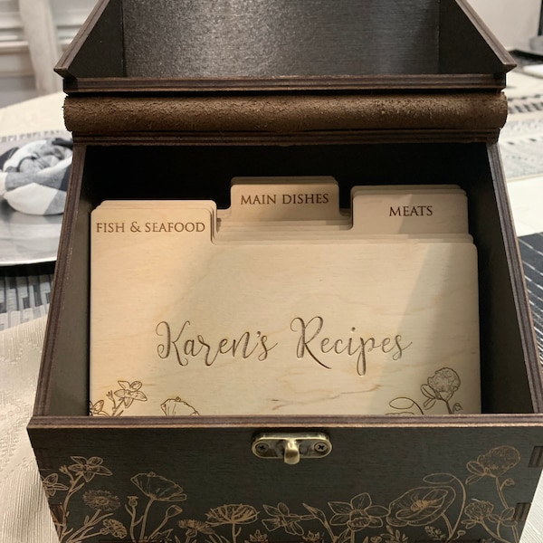 Personalized Recipe Box With Wooden Dividers Gift for Mom Floral Recipe ...