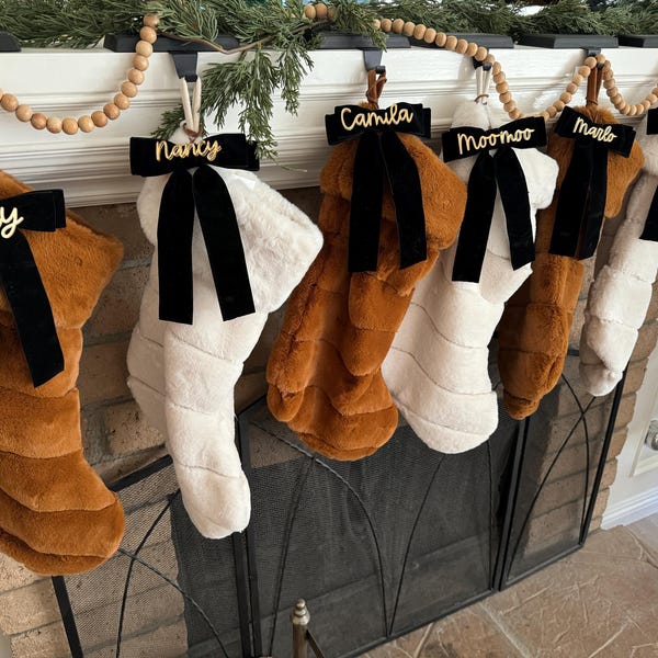 Personalized Velvet Coquette Bow Stocking Name Tag: Christmas Place ...