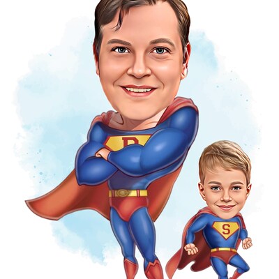 Custom Super Dad and Son Cartoon Portrait, Super Dad Portrait, Dad's ...