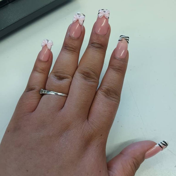 Zebra Print French Tips & Pink Bow Press Ons | Square XL Press Ons ...