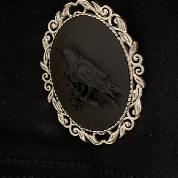 The Raven - Gothic Cameo Pin Brooch - Black on Black Raised Design ...