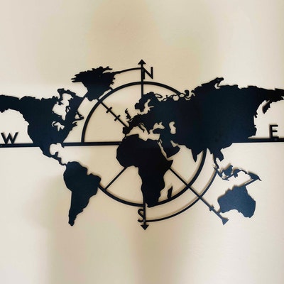 Metal World Map Compass, Metal Wall Decor, Art Work, World Map Wall Art ...