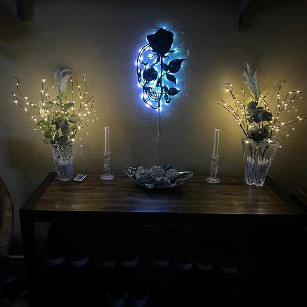 Skull With Rose Metal Wall Art With LED Lights, Flower Skull Signs ...