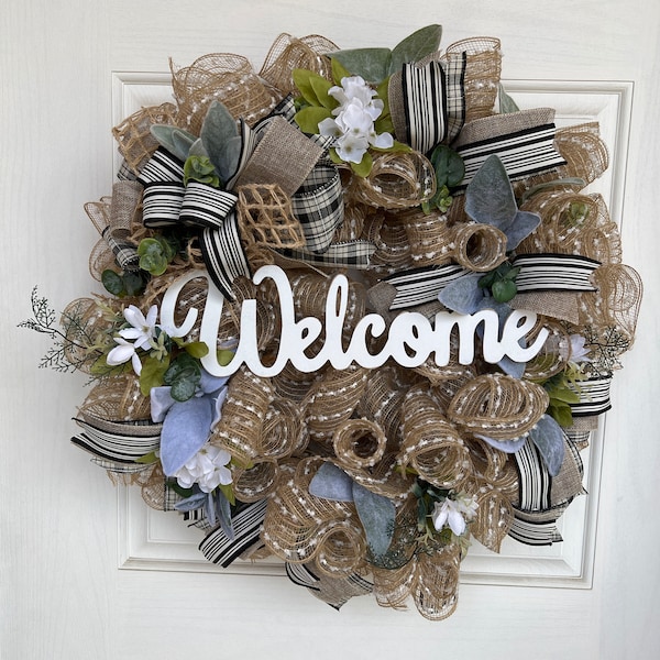 Greenery Front Door Welcome Wreath, Rustic Farmhouse Front Door Decor ...