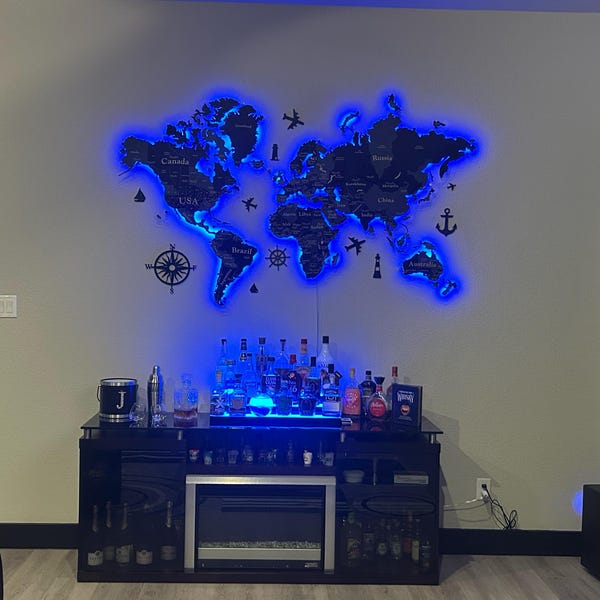 Led 3D Wall Map Art, Led Wall Art, Apartment Decor, World Map With LED Lighting, Illuminated ...