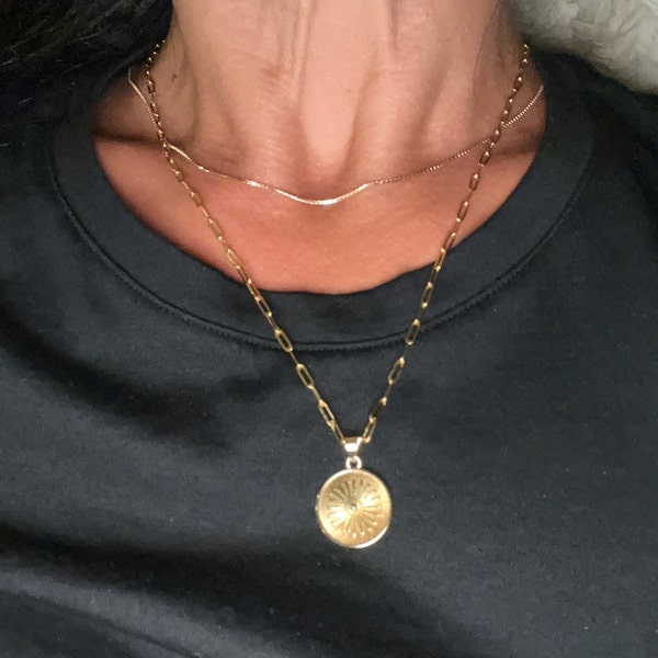 24k Gold Filled Round Coin Medallion Pendant, Sunburst Charm Necklace ...