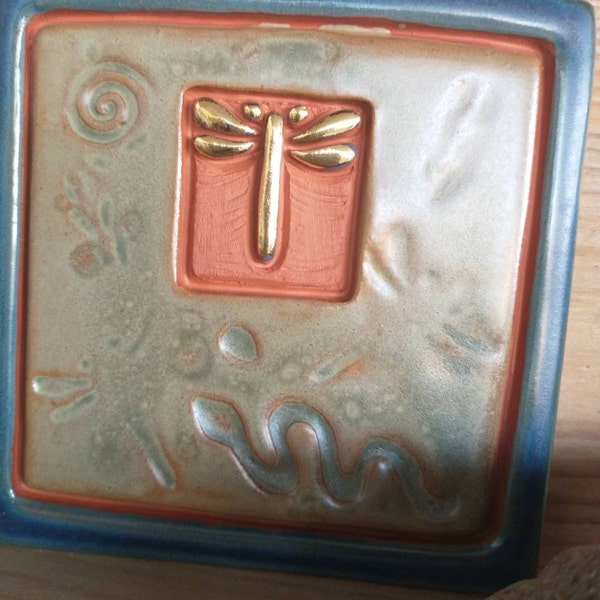 4.5” Square White Rabbit ART Tile - Glazed Terra-cotta + 22k Gold Moon ...