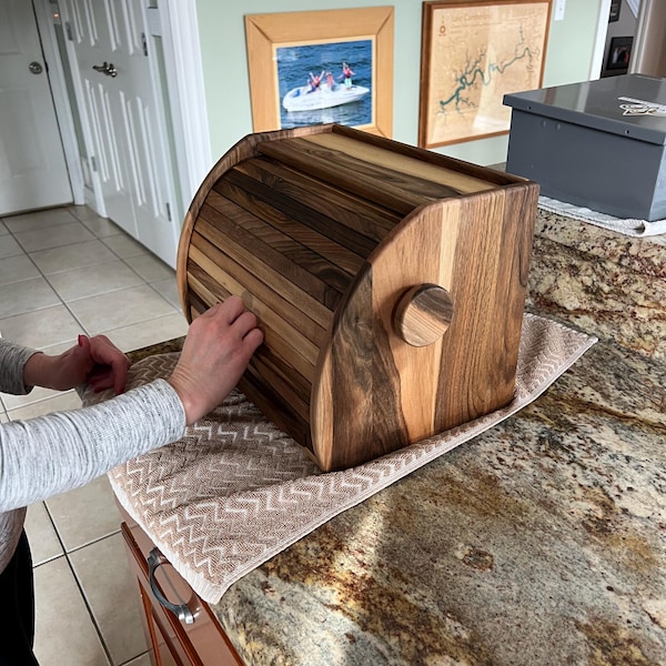 Functional Walnut Wood Bread Box With Cutting Board and Magnetic Knife ...