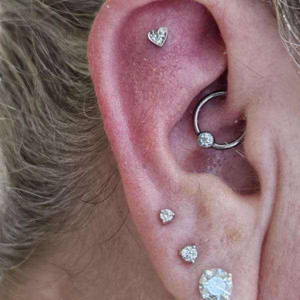 14K Solid Gold Flower Stone Piercing, Cartilage Screw Back Helix Tragus ...