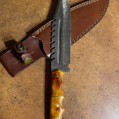 Titan Predator BX Damascus Steel Blade With Serrated Back/ Torched Bone ...