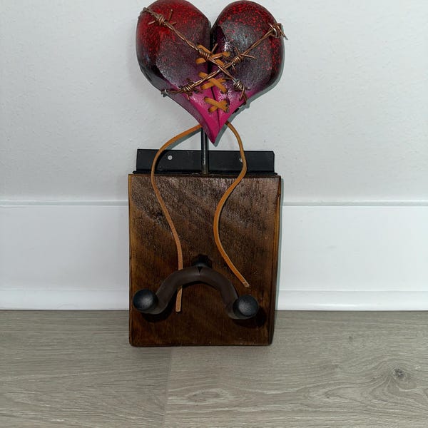 Handmade Leather Stitched Kintsugi Heart Sculpture: Barbed Wire & Steel ...