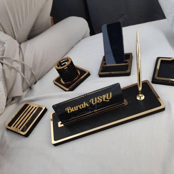 Yaren Black Desk Set 8 Accessories / Marble Design Desk Set / Black ...