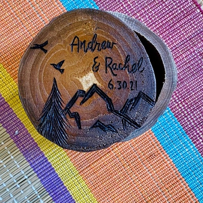 Personalized Wooden Wedding Ring Box Mountain Pine Tree Birds Rustic ...